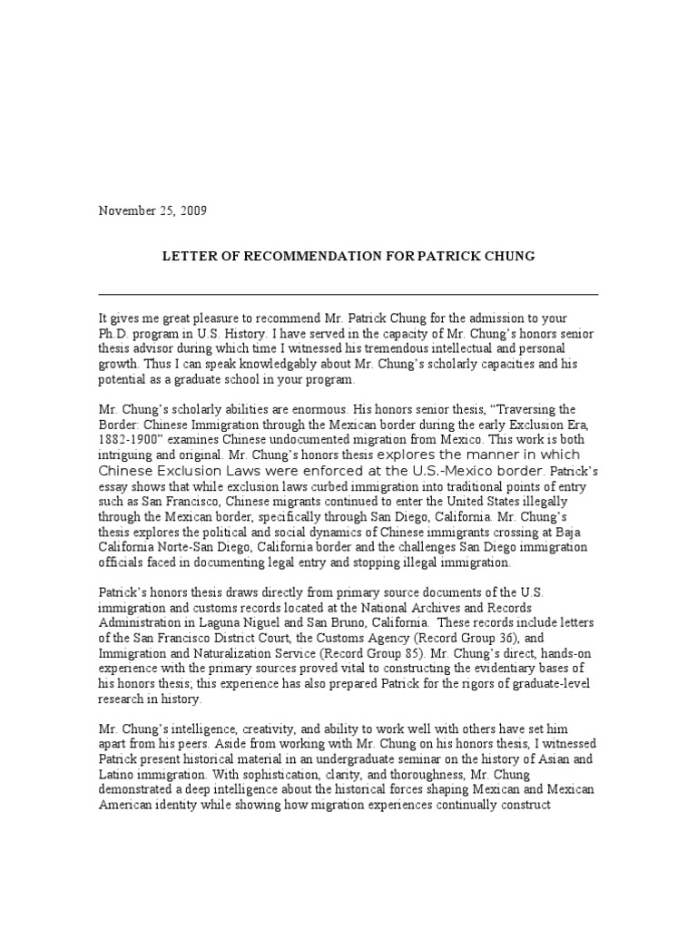 Patrick Chung Letter of Recommendation Grad School | PDF | Immigration | Graduate School