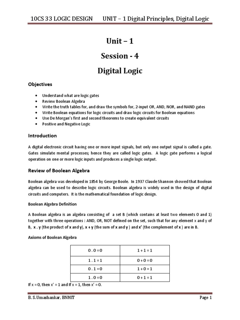 10CS33 Logic Design Notes | Logic Gate | Boolean Algebra