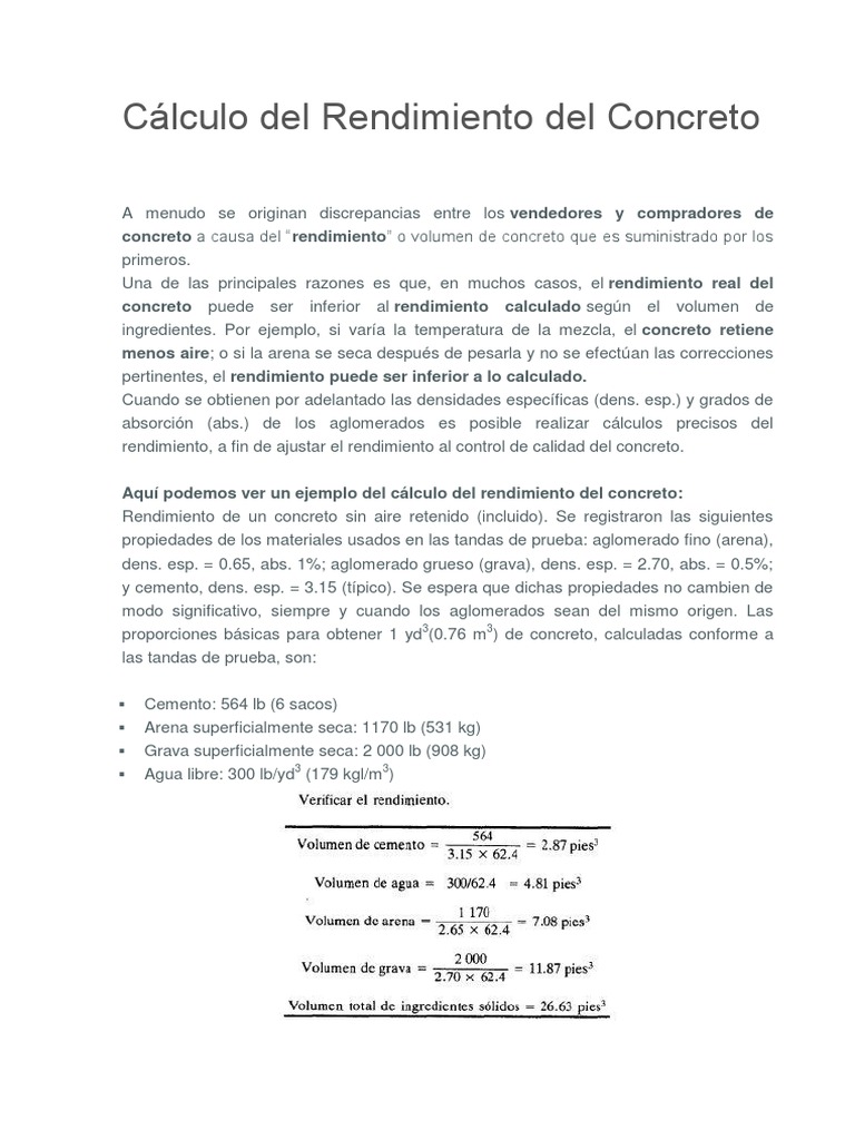 Cálculo Del Rendimiento Del Concreto | PDF | Hormigón | Cemento
