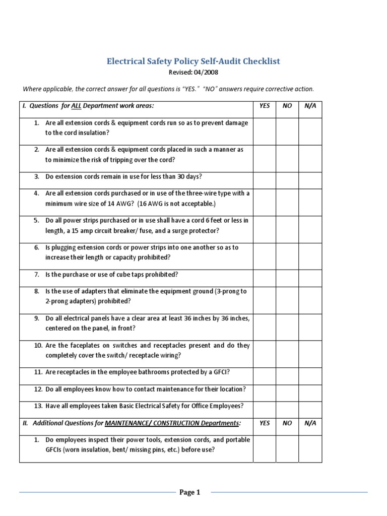 Electrical Safety Policy Checklist | PDF | Insulator (Electricity ...