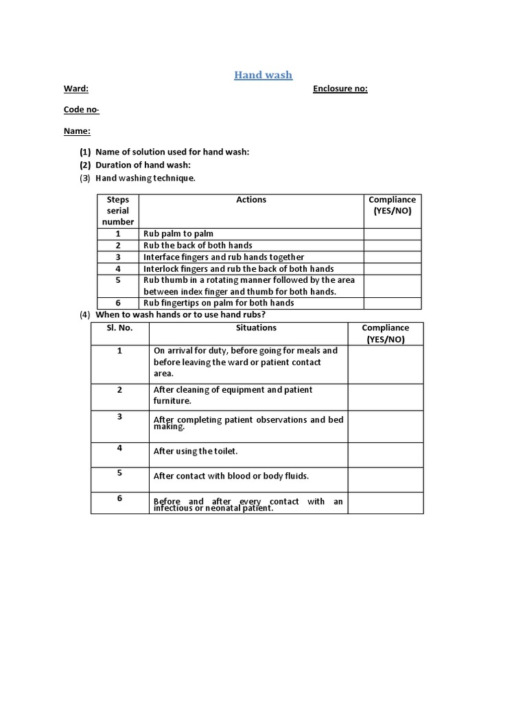 Hand Washing Checklist | PDF | Psychosis | Health Care