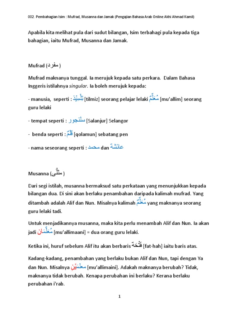 Pembahagian Isim - Mufrad Musanna Jamak | PDF