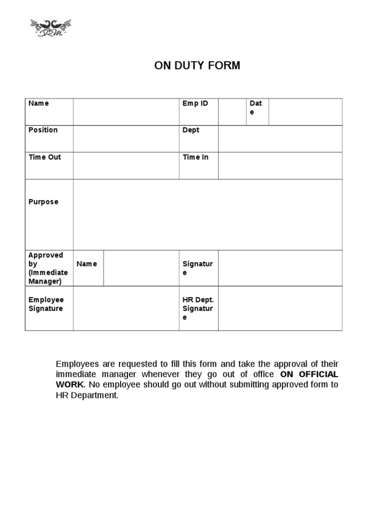 On Duty Form: Name Emp ID Dat e Position Dept | PDF