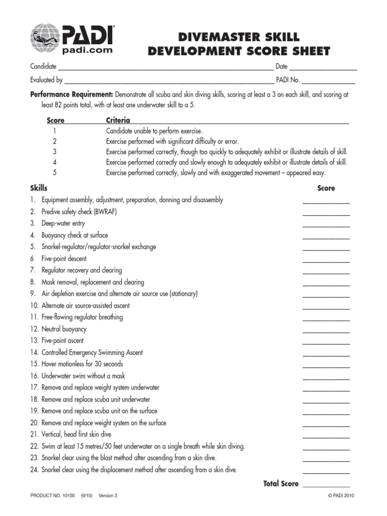 Skill Development Score Sheet | PDF | Scuba Diving | Snorkeling