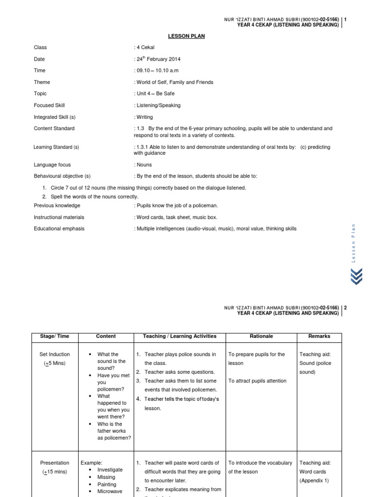 LESSON PLAN Listening Speaking 4c 24feb2014 | PDF | Lesson Plan ...
