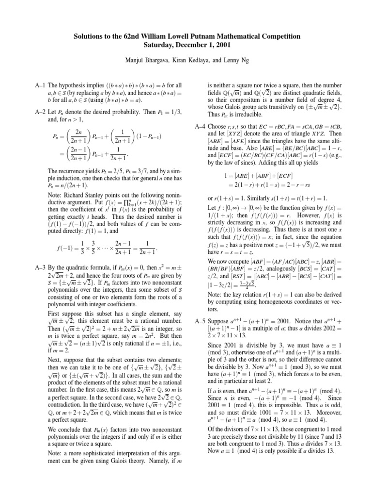 Solutions To The 62nd William Lowell Putnam Mathematical Competition ...
