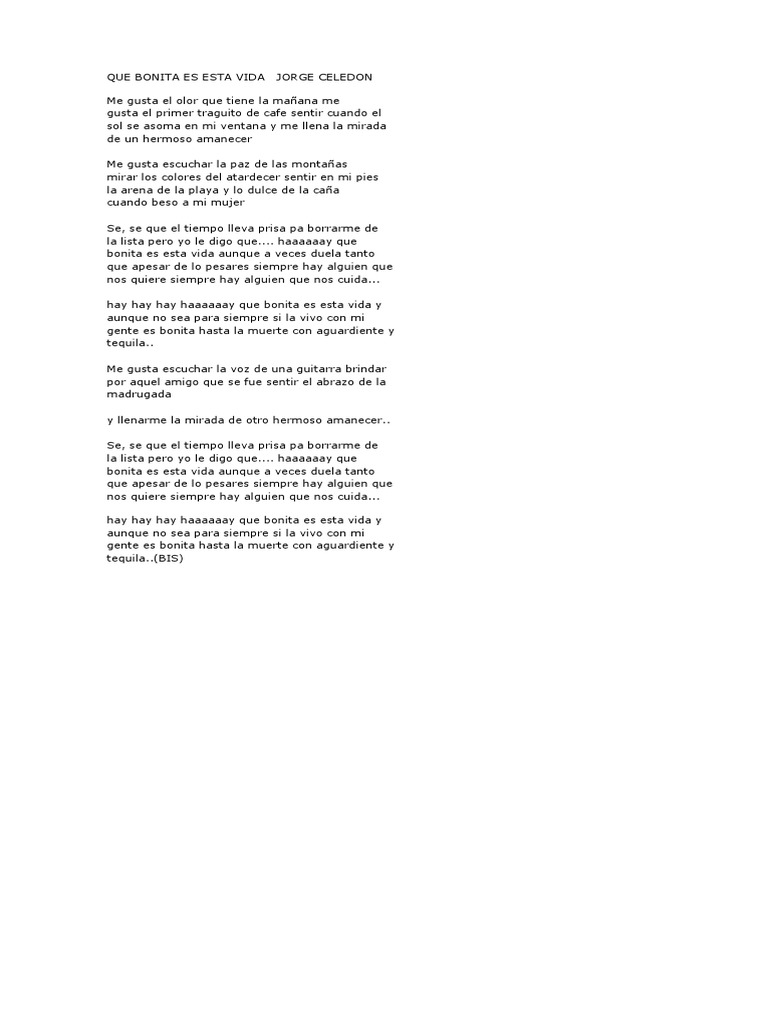 Letra de "Que Bonita es Esta Vida" | PDF