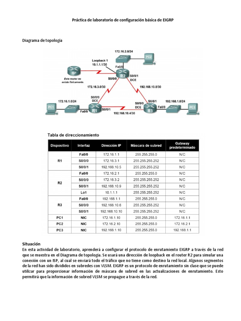 Práctica de Laboratorio de Configuración Básica de EIGRP PDF | PDF | Enrutador (Computación ...
