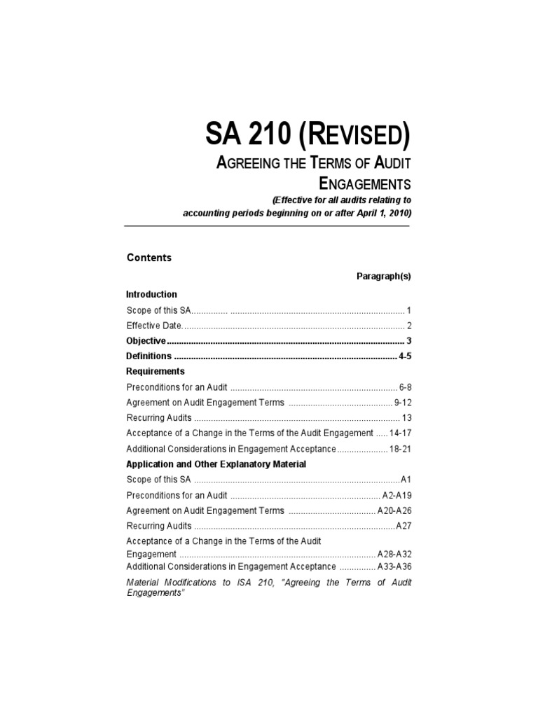 SA 210: Audit Engagement Terms | PDF | Science & Mathematics ...