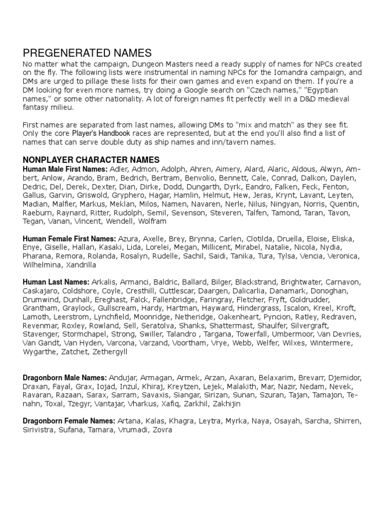 List of Names For Use in Dungeons and Dragons | PDF | Poetry | Young Adult
