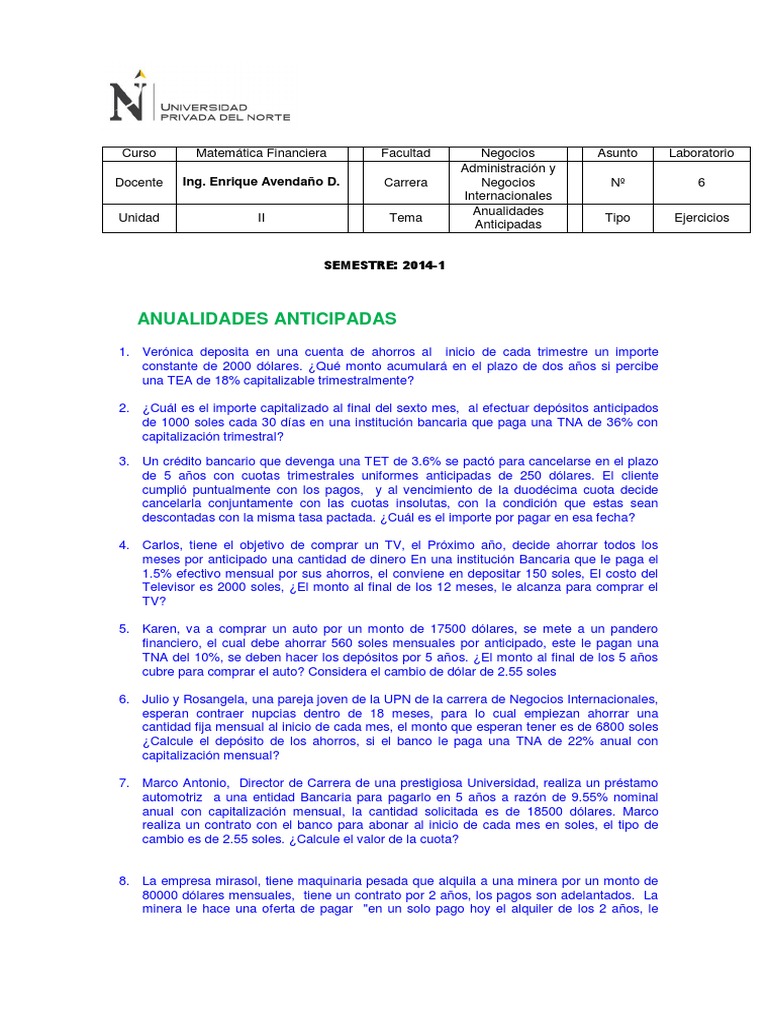 Laboratorio 6 Anualidades Anticipadas - Diferidas | PDF | Depósito a plazo fijo | Bancos