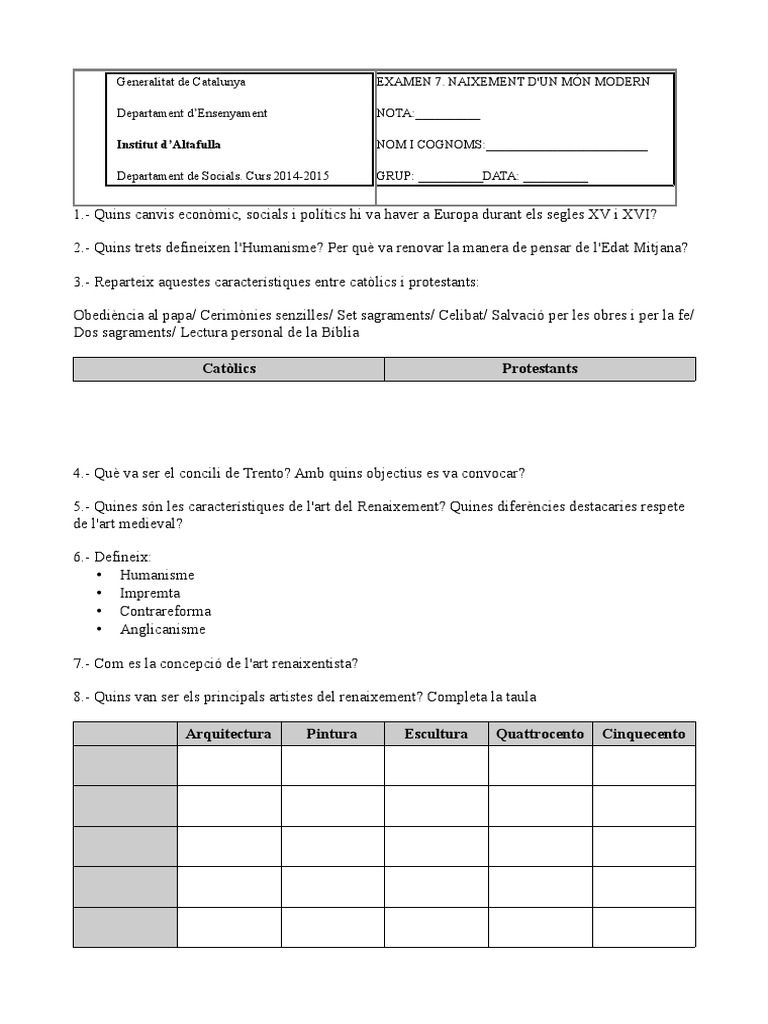 2n ESO - Examen Naixement Món Modern PDF | PDF