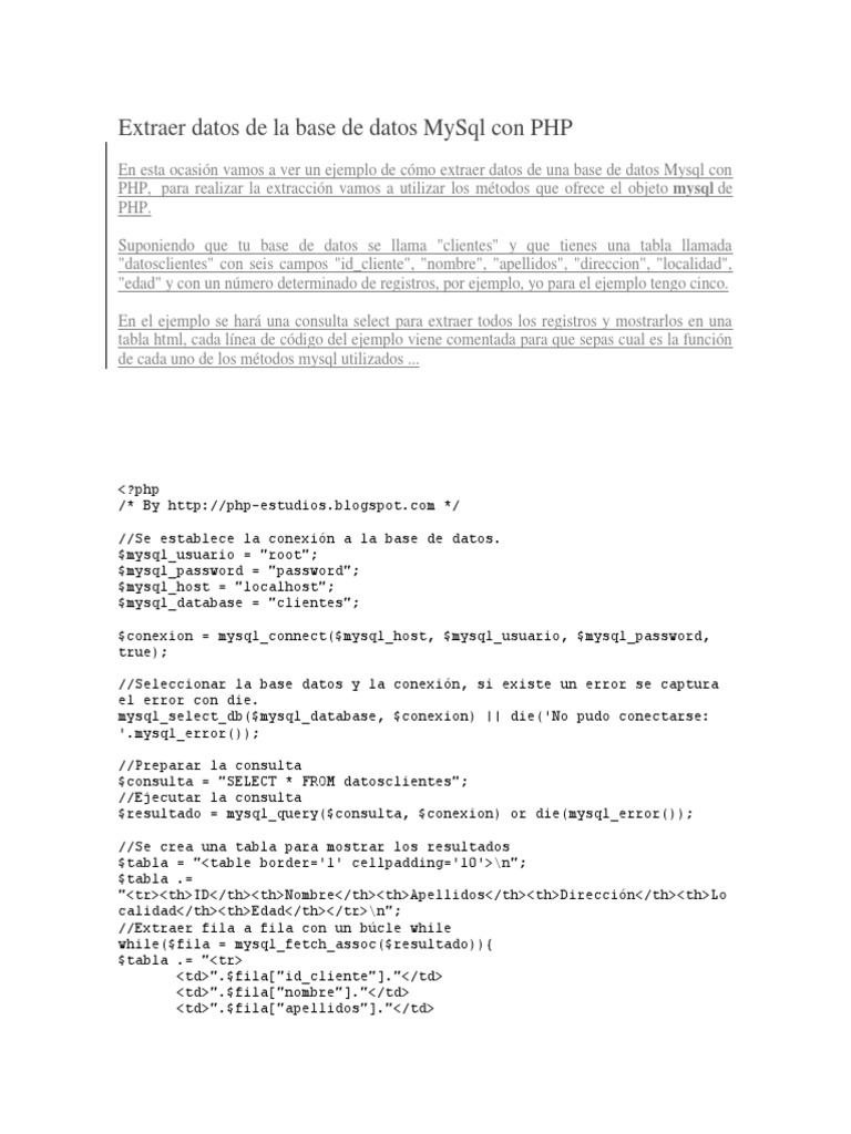 Extraer Datos de La Base de Datos MySql Con PHP | PDF | Tabla (base de ...