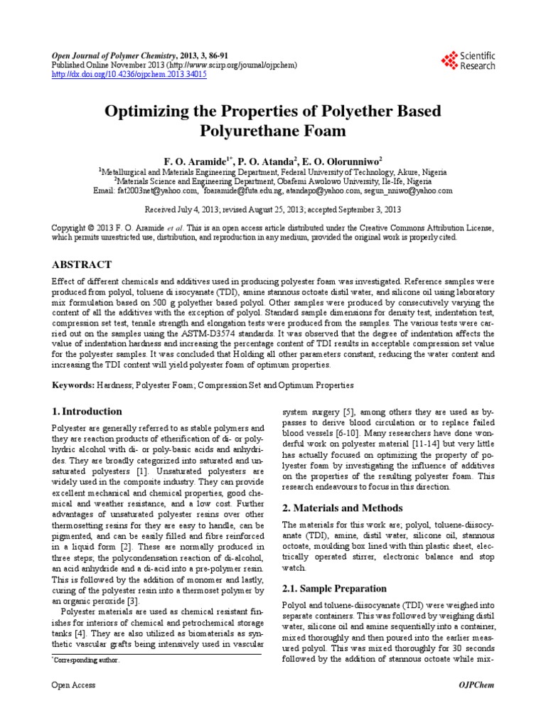 Optimizing The Properties Of Polyether Based Polyurethane Foam Pdf