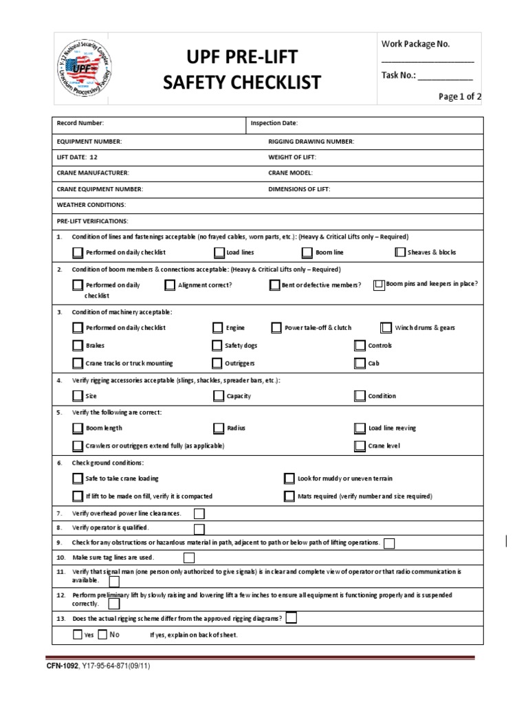 UFP - Pre-Lift Safety Checklist - CFN-1092 | PDF | Crane (Machine ...
