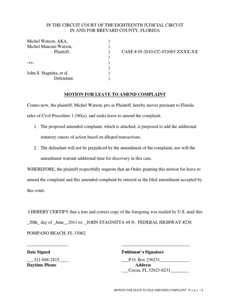 Motion to Amend Complaint in Florida Case | PDF | Complaint | Judiciaries