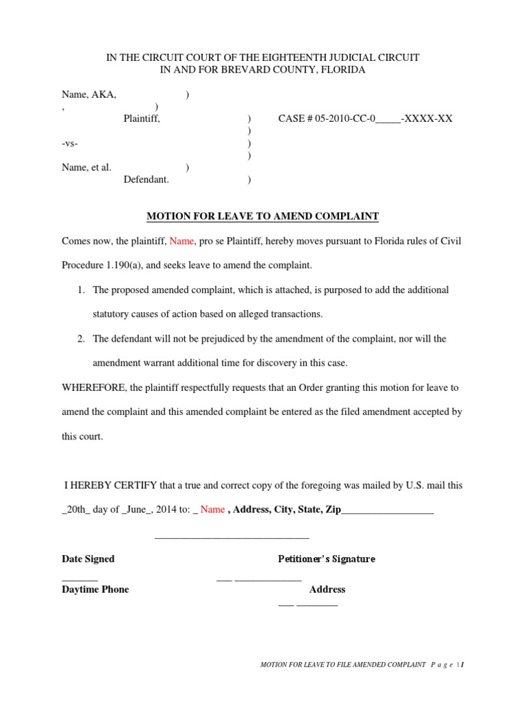 Motion For Leave To Amend Complaint | PDF | Motion In United States Law ...
