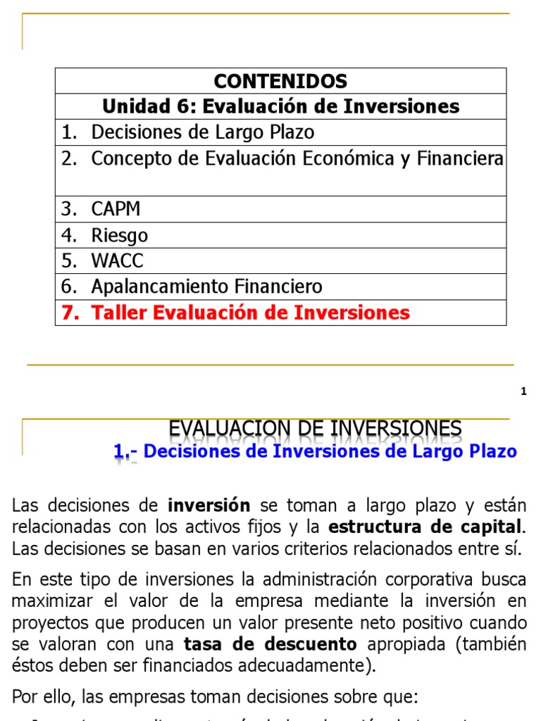 UNIDAD 6 Evaluacion de Inversiones | PDF | Apalancamiento (Finanzas) | Capital (economía)