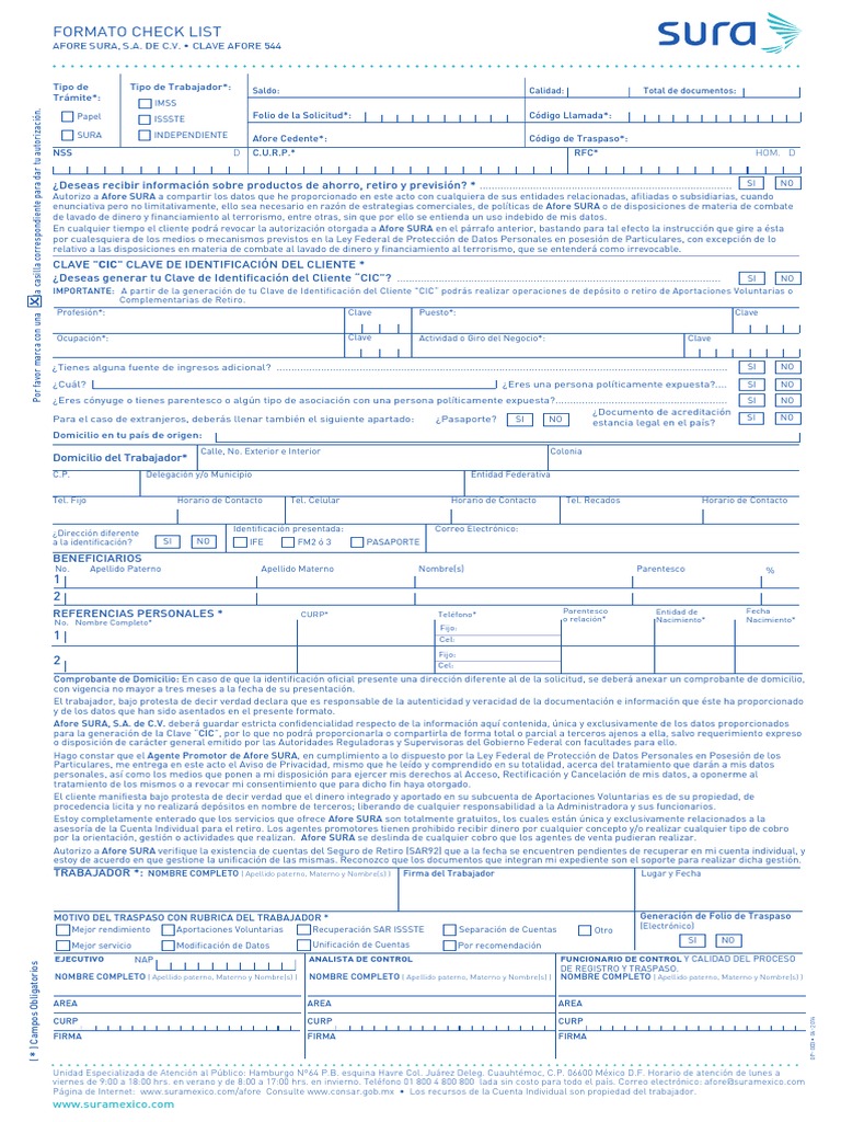 Formulario de registro y traspaso de AFORE con datos personales y ...