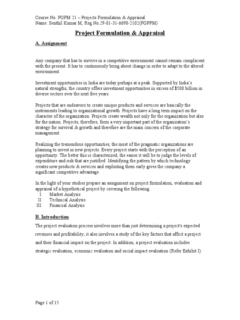Project Formulation & Appraisal: A. Assignment | PDF | Retail | Business