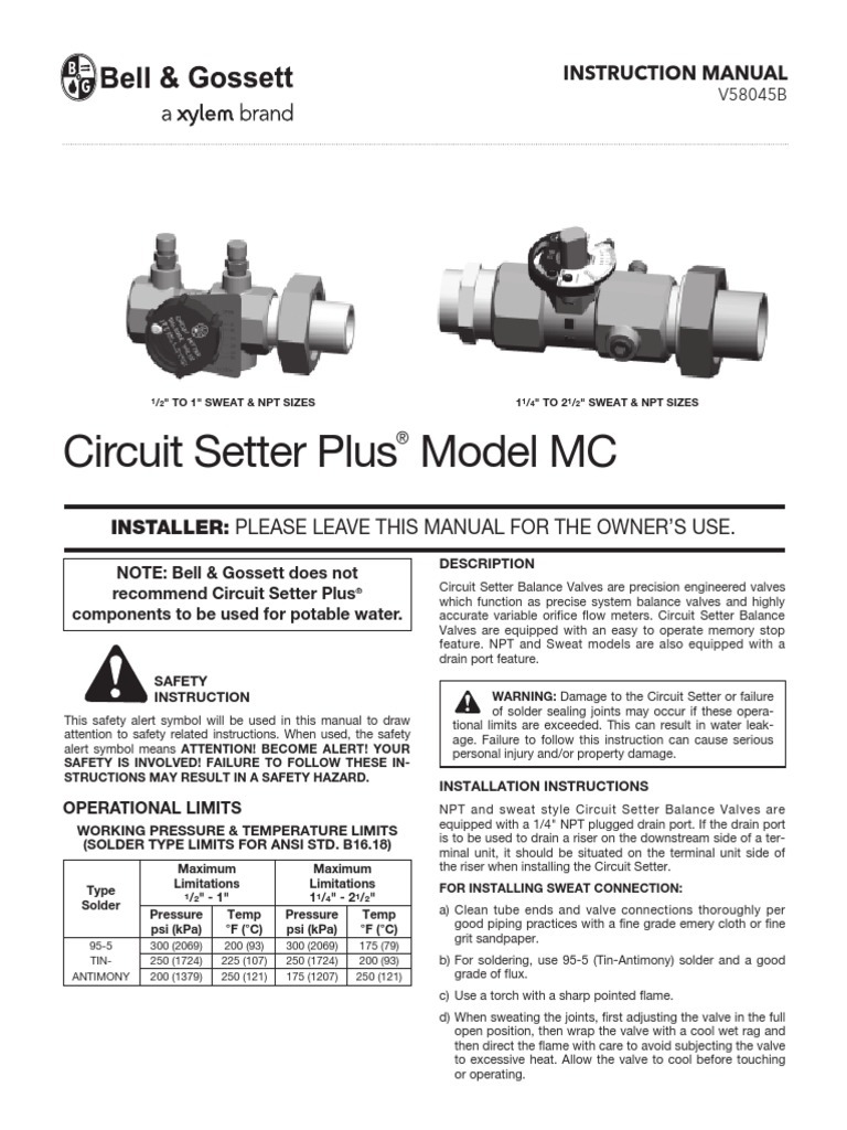 Circuit Setter Plus Model MC: Instruction Manual | PDF | Valve | Soldering