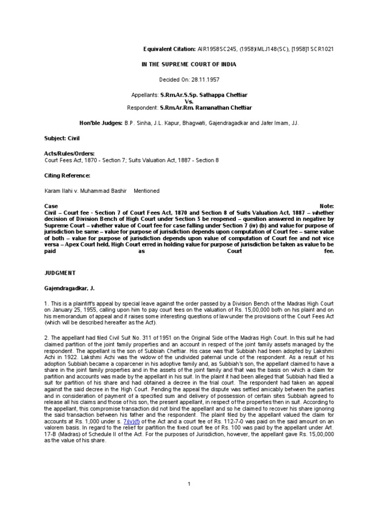 Sathappa Chettiar V Ramanathan Chettiar-AIR 1958 SC 245 | PDF | Lawsuit ...