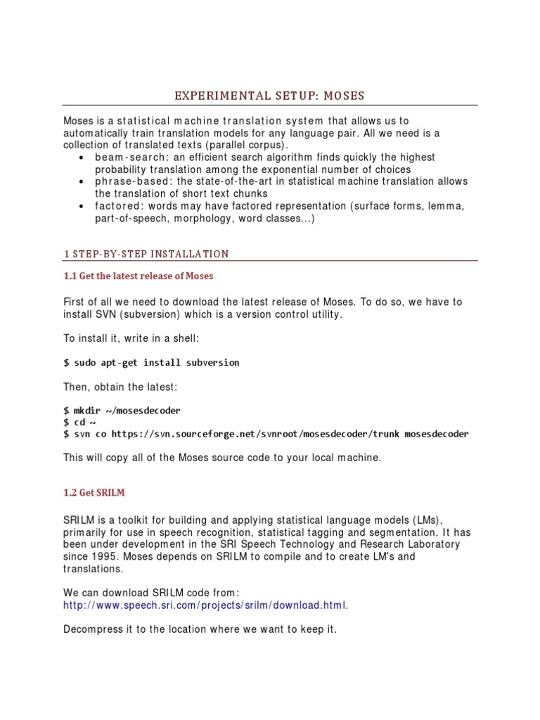 Experimental Setup: Moses: 1 Step by Step Installation | PDF | Software ...