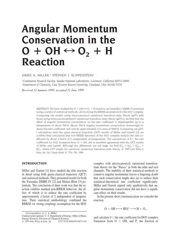 International Journal of Chemical Kinetics Volume 31james A. Miller Stephen J. Klippenstein ...