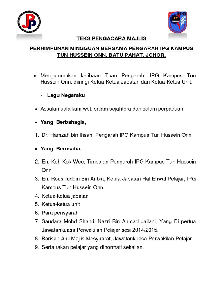 Teks Pengacara Majlis Perhimpunan Mingguan Ipg | PDF