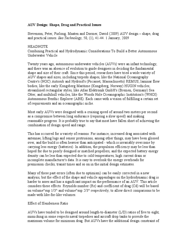 AUV Design - Shape, Drag and Practical Issues | PDF | Drag (Physics ...