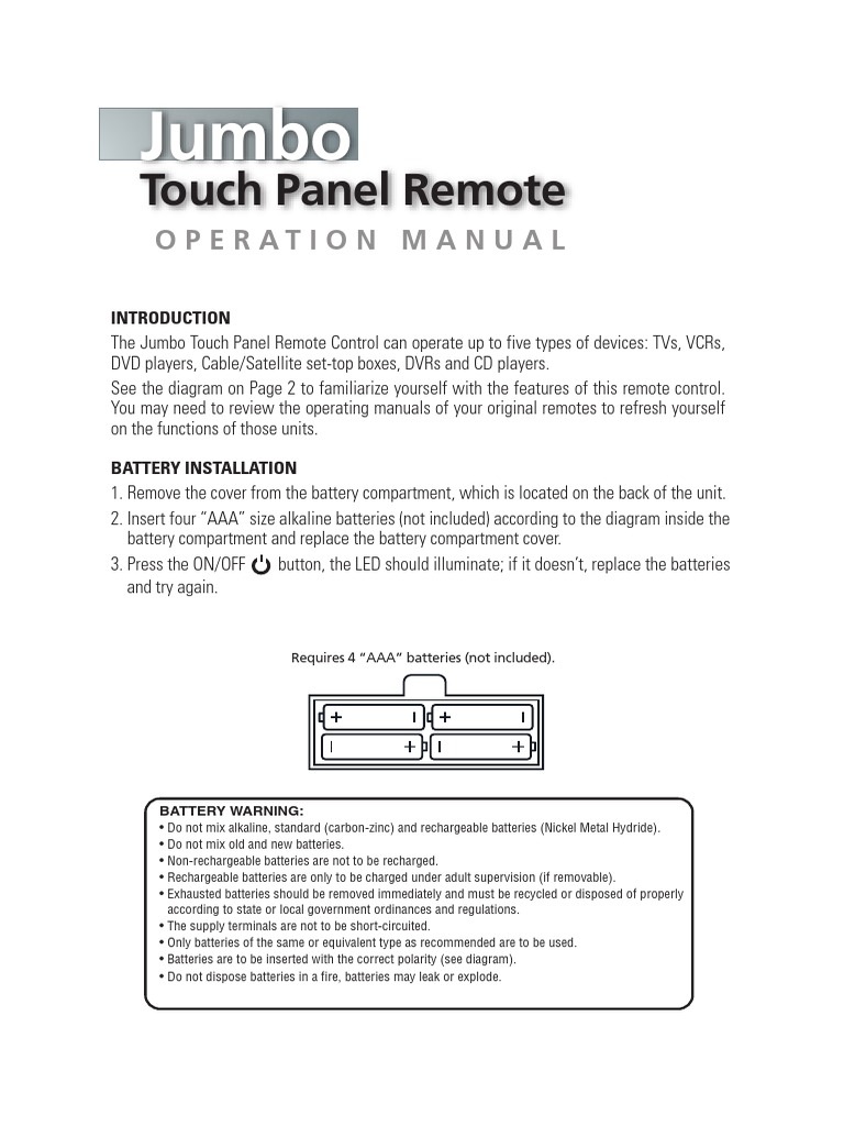 Jumbo Touch Remote Im | Download Free PDF | Battery (Electricity ...