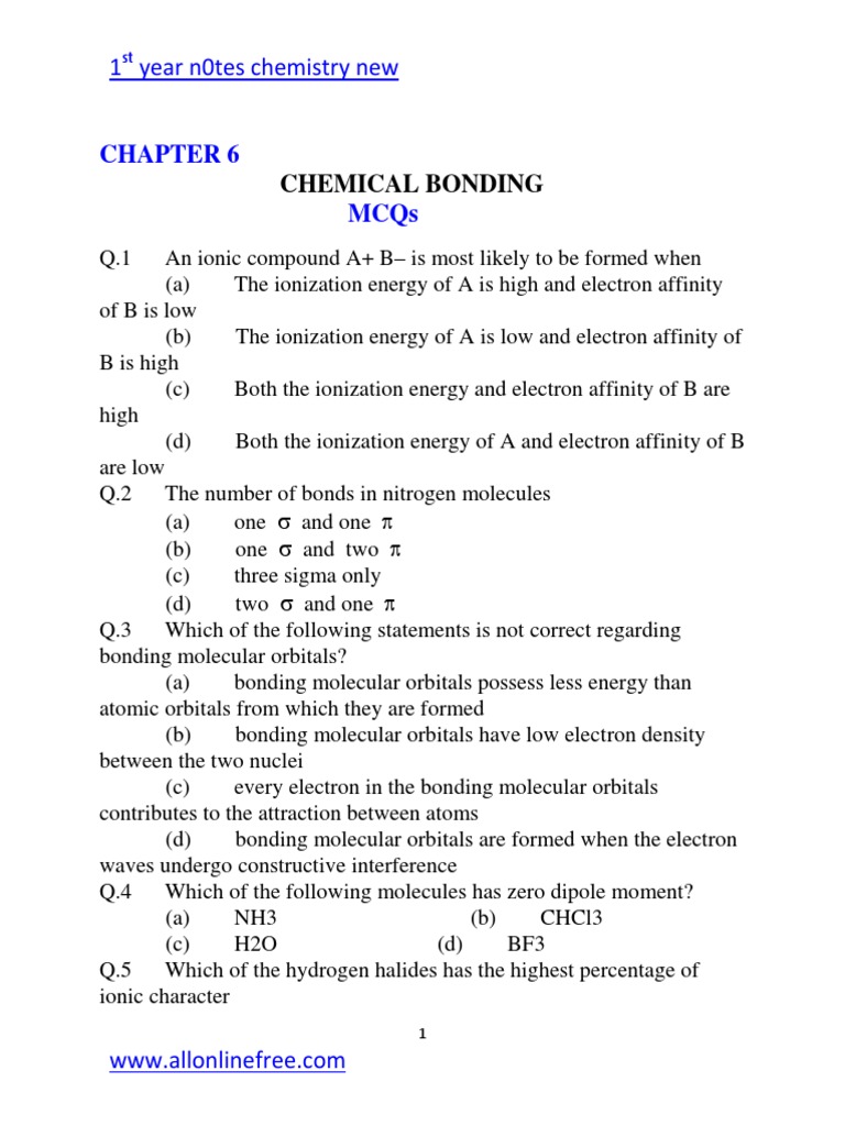 Chapter 6 Chemical Bonding Mcqs | PDF