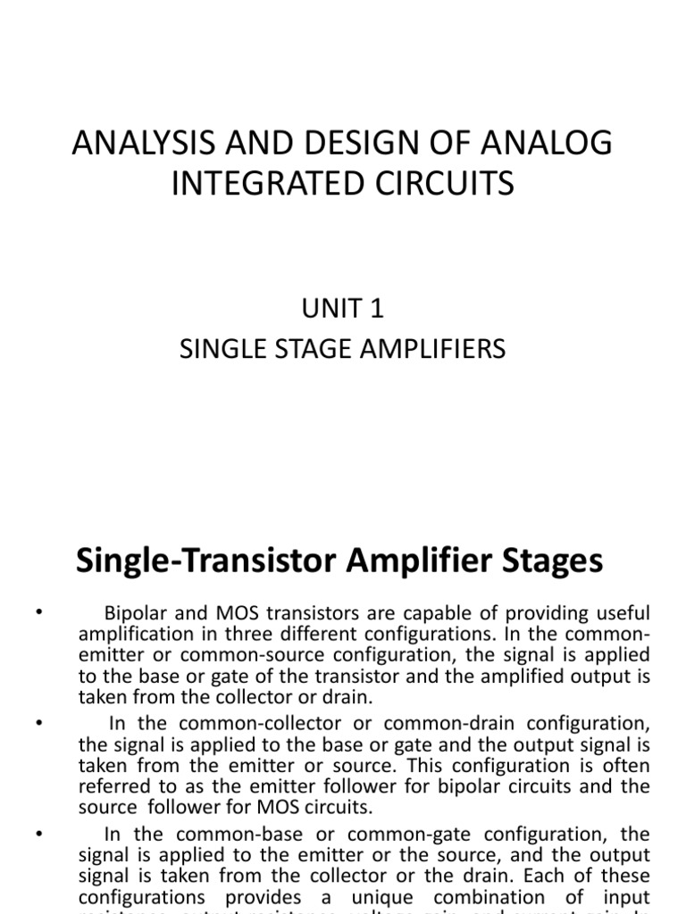 Analysis And Design Of Analog Integrated Circuits Unit 1 Single Stage
