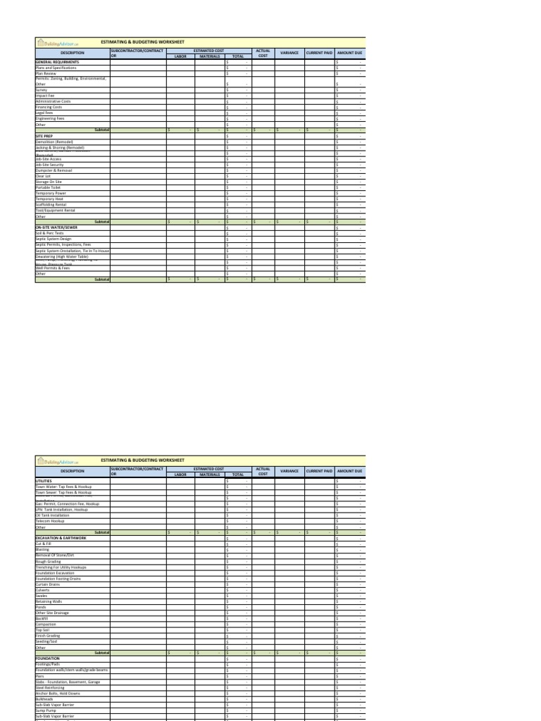 Construction Cost Estimation Worksheet | PDF