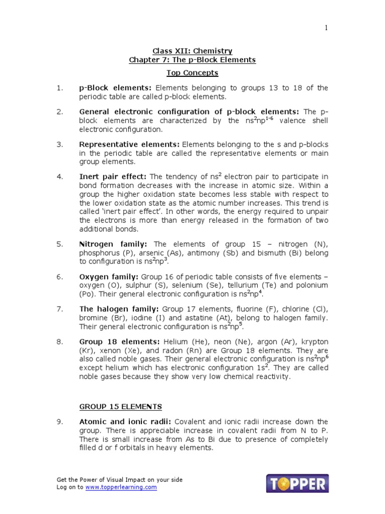 P-Block Elements: Key Concepts and Notes | PDF | Oxide | Ionic Bonding