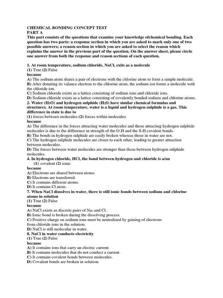 Chemical Bonding Concept Test | PDF | Ionic Bonding | Covalent Bond
