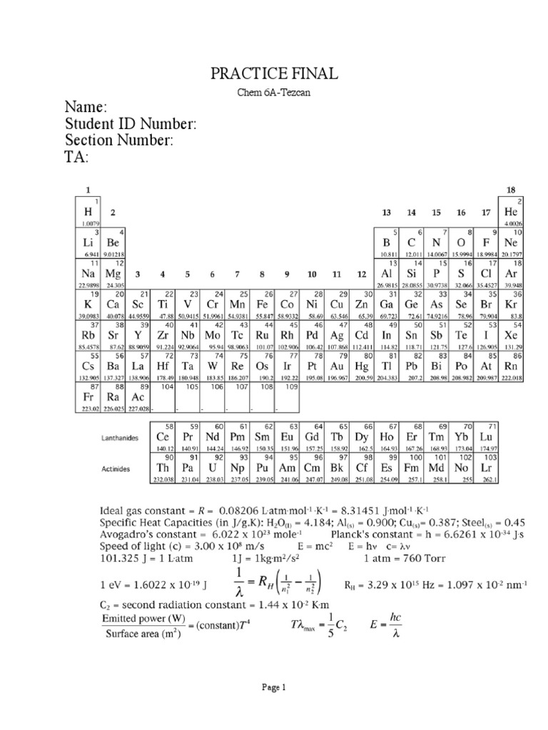 Chem 6A Practice Final Exam Questions | PDF | Carbon | Chemical Bond