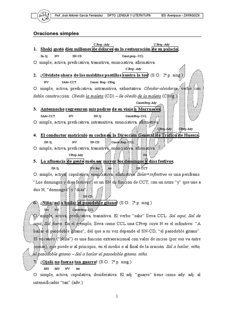 Sintaxis - Ejercicios Oraciones Simples 2 (Solucionario) | PDF