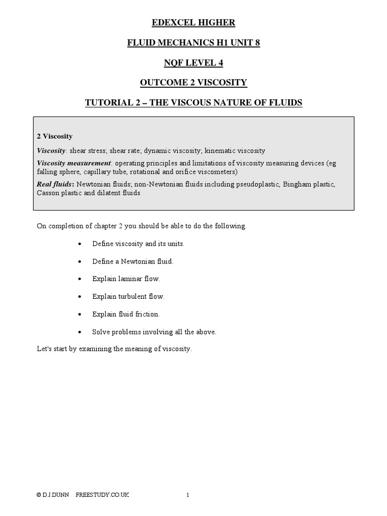 Edexcel Higher Fluid Mechanics H1 Unit 8 NQF Level 4 Outcome 2 Viscosity Tutorial 2 - The ...
