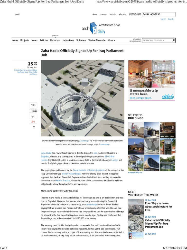 Zaha Hadid's Iraq Parliament Design Deal | PDF | Public Sphere | Government