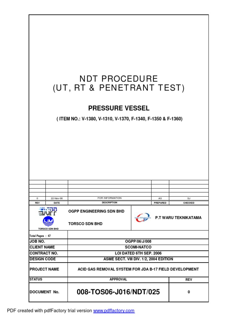 NDT Procedure (Ut, RT & Penetrant Test) : Pressure Vessel | PDF ...