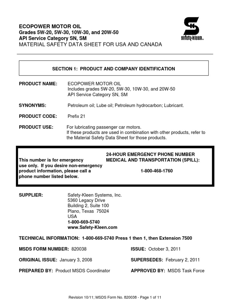 Material Safety Data Sheet For Usa and Canada: Ecopower Motor Oil | PDF | Dangerous Goods ...