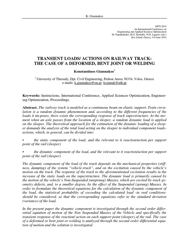 Analysis of Transient Loads on Railway Track Caused by Deformed Joints ...