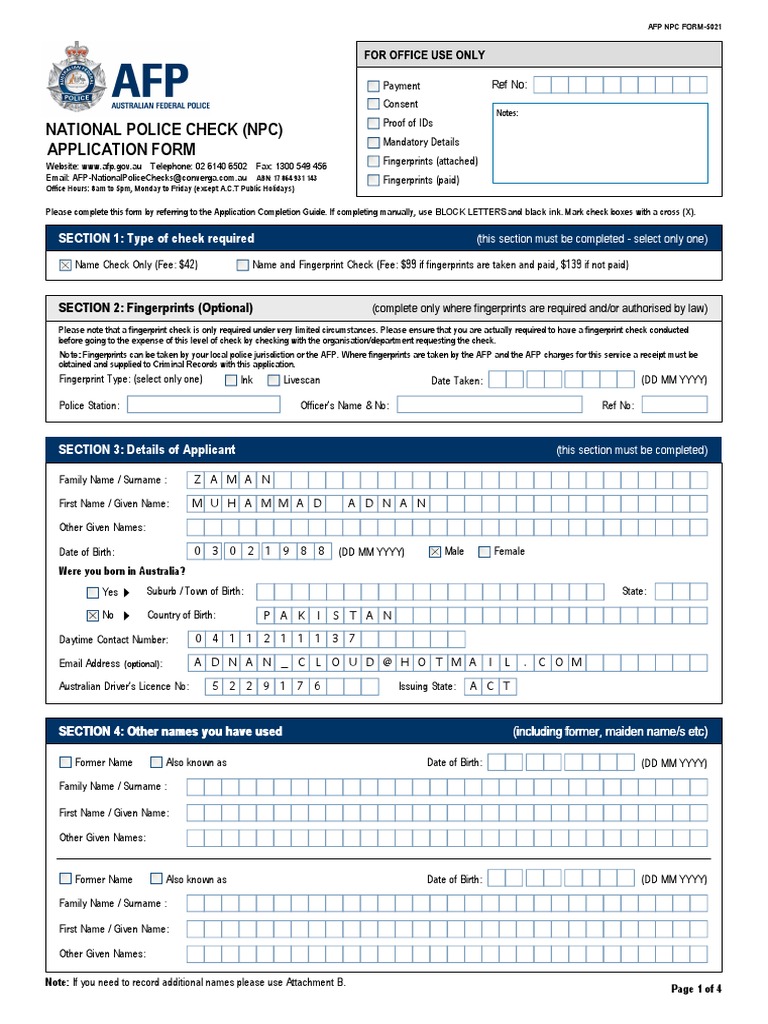 National Police Check (NPC) Application Form: SECTION 1: Type of Check ...