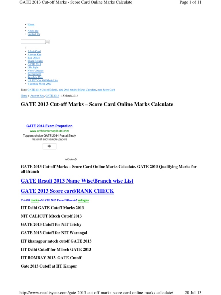 Gate 2013 Cut Off Marks Score Card Online Marks Calculate | PDF ...
