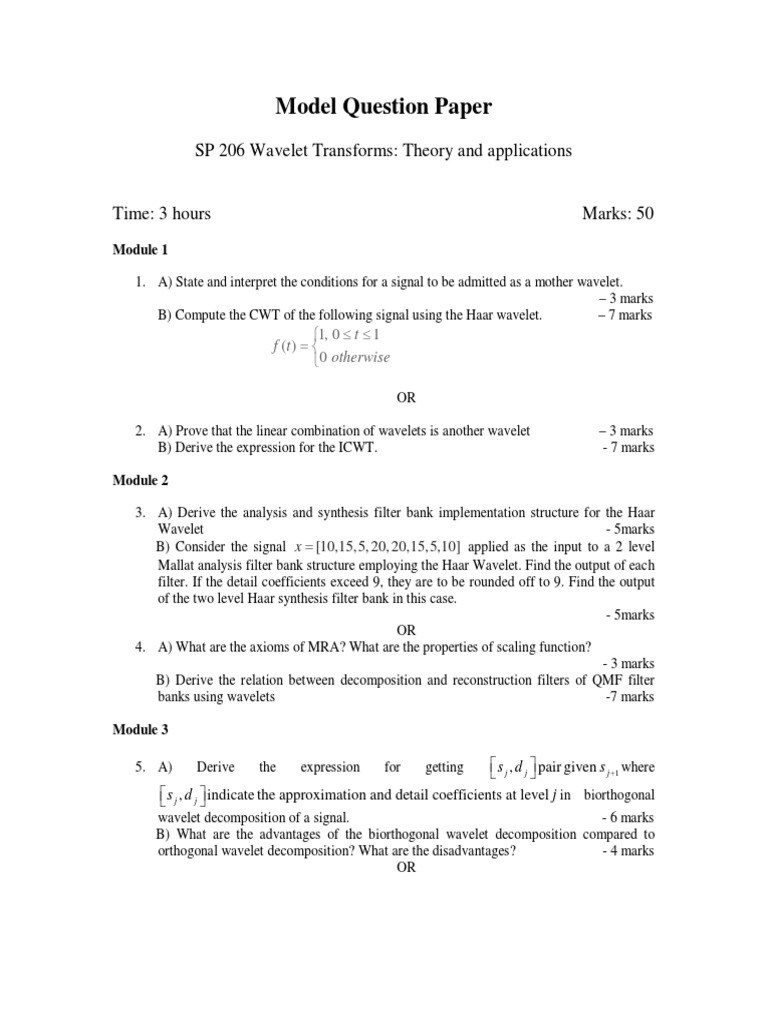 Model Question Paper: SP 206 Wavelet Transforms: Theory and ...