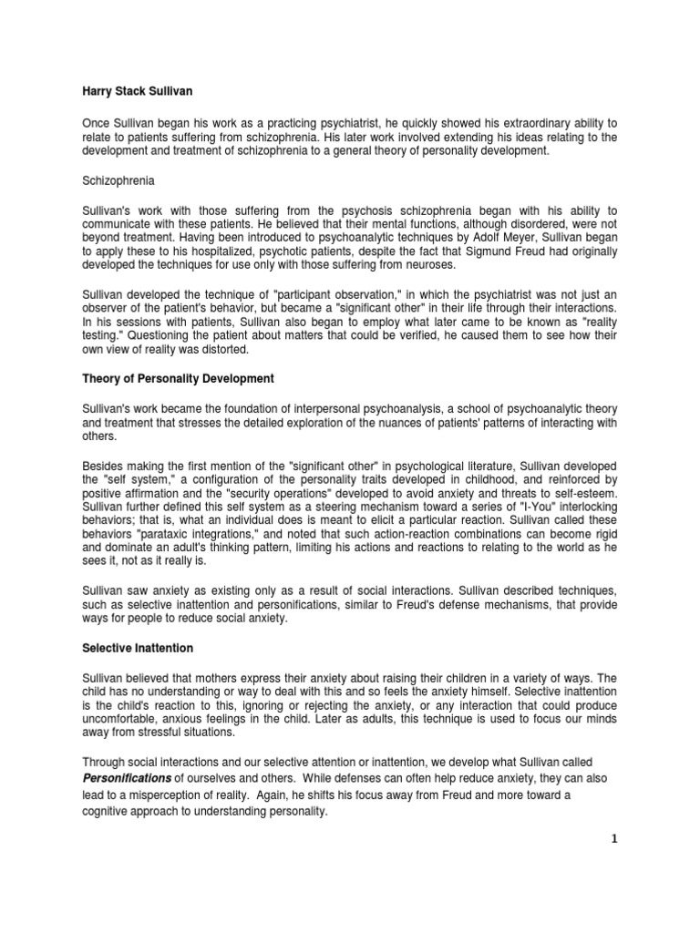 Harry Stack Sullivan | PDF | Psychoanalysis | Metaphysics Of Mind