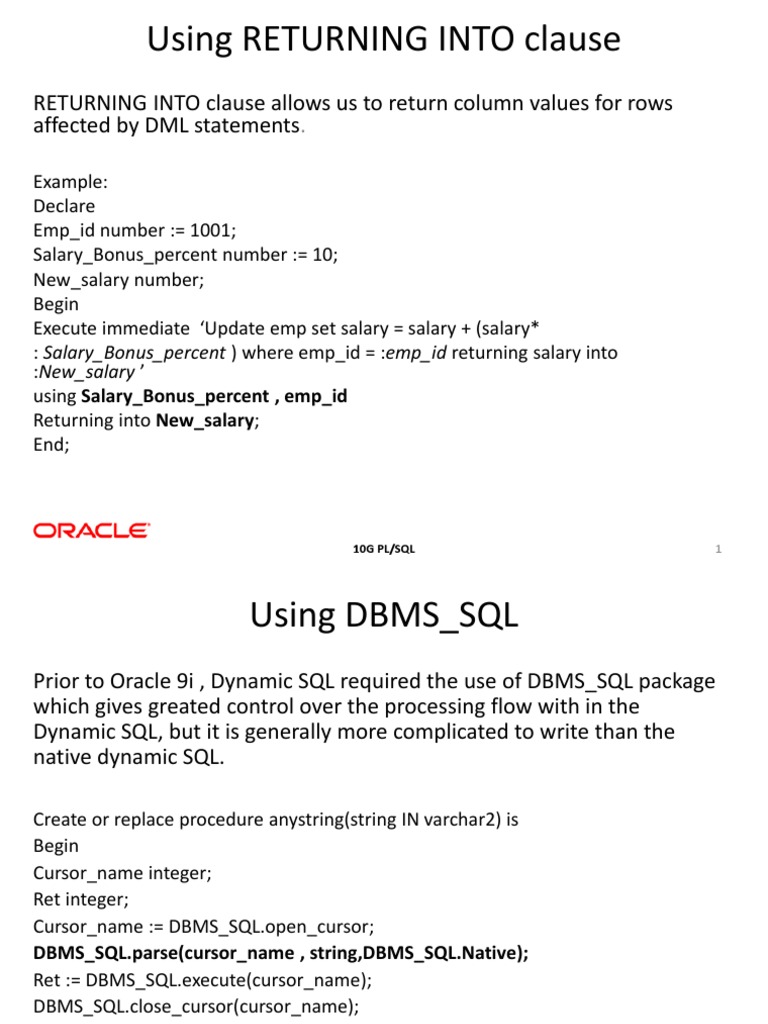 Using Returning Into Clause With Dbmssql Pdf Plsql Sql 4253