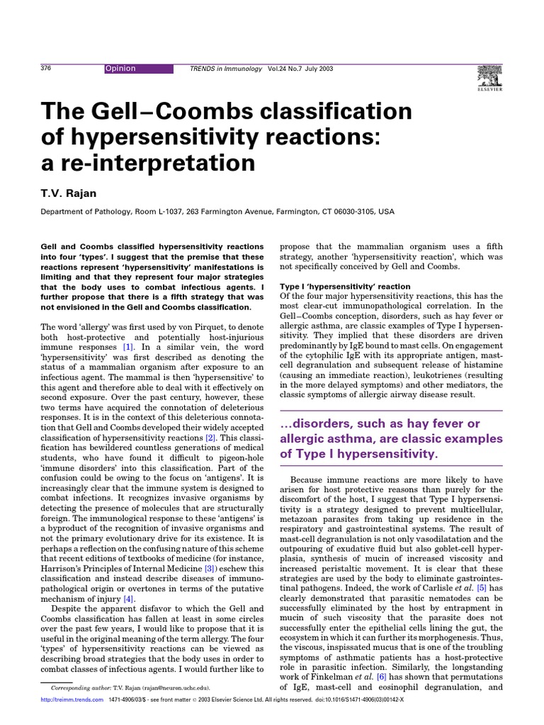 The Gell - Coombs Classification of Hypersensitivity Reactions: A Re ...
