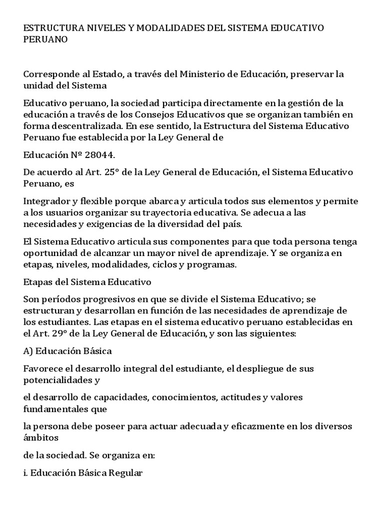 Estructura Niveles y Modalidades Del Sistema Educativo Peruano | PDF ...